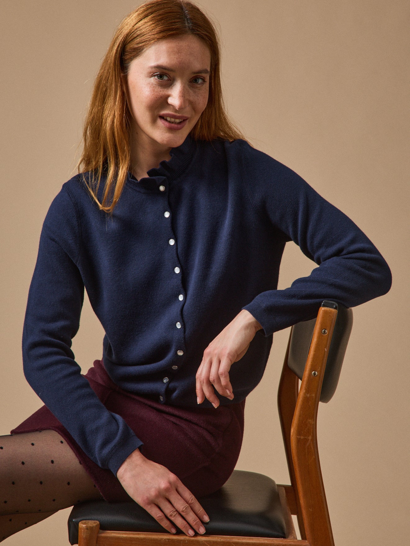 Women's organic cotton and cashmere cardigan with ruffled neckline ...